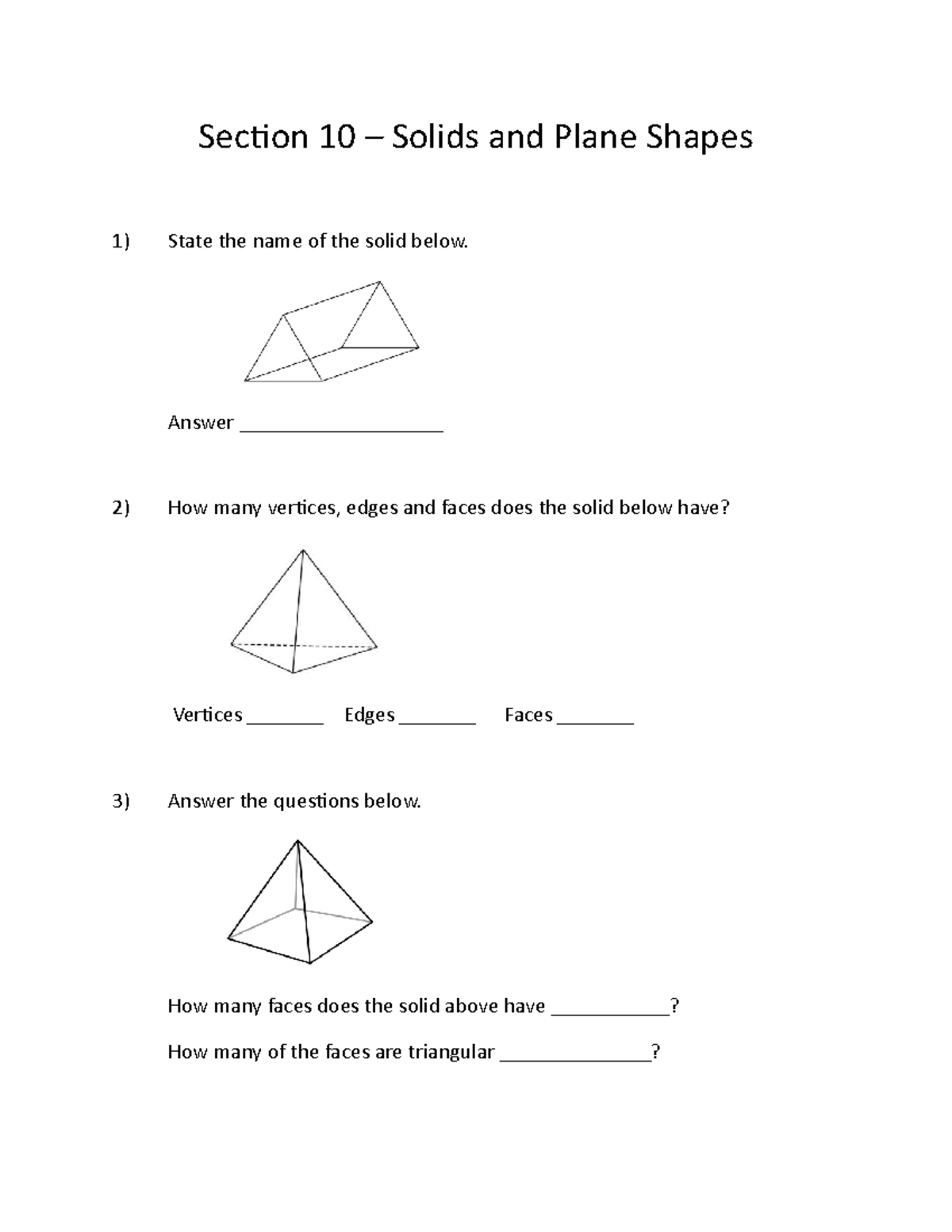 Math Solids And Plane Shapes Exercise Worksheet Section 10 Solids