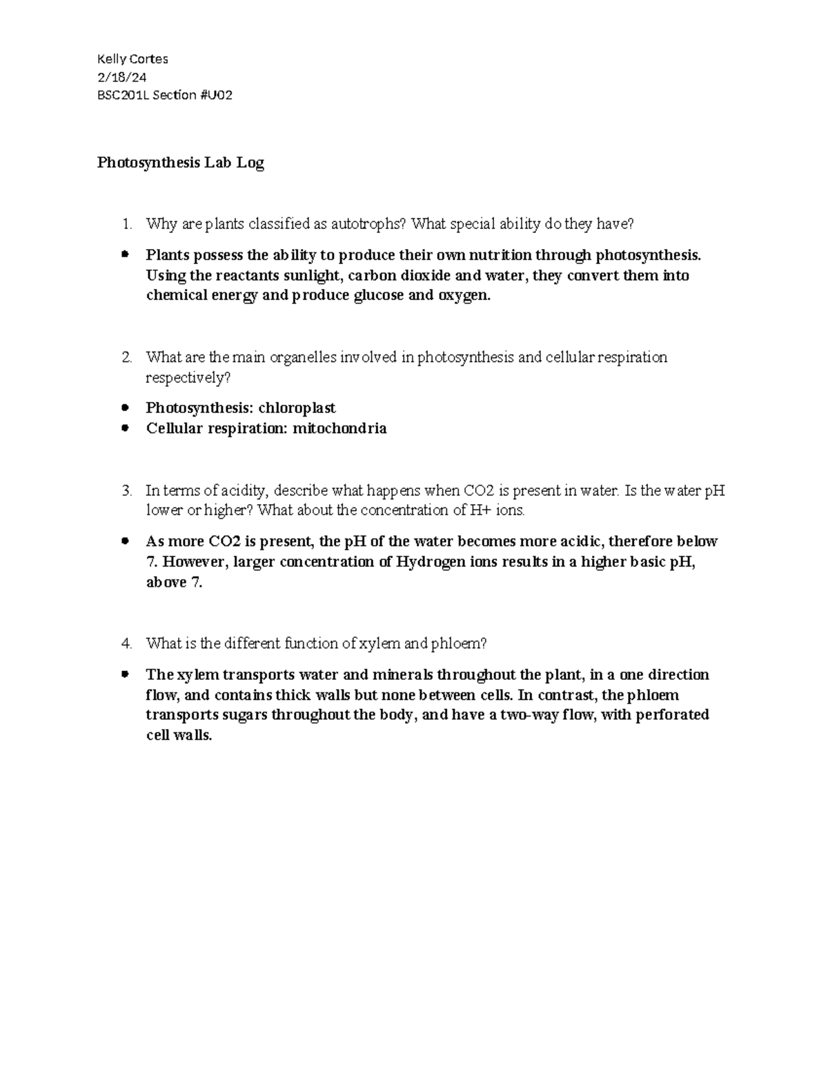 Photosynthesis Lab Log - 2/18/ BSC201L Section #U Photosynthesis Lab ...