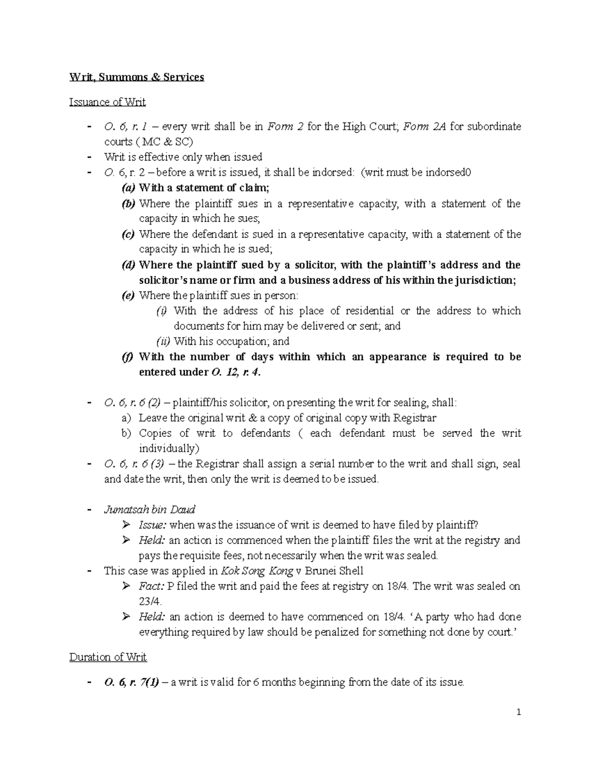 Writ, Summons & Services - Writ, Summons & Services Issuance of Writ O ...