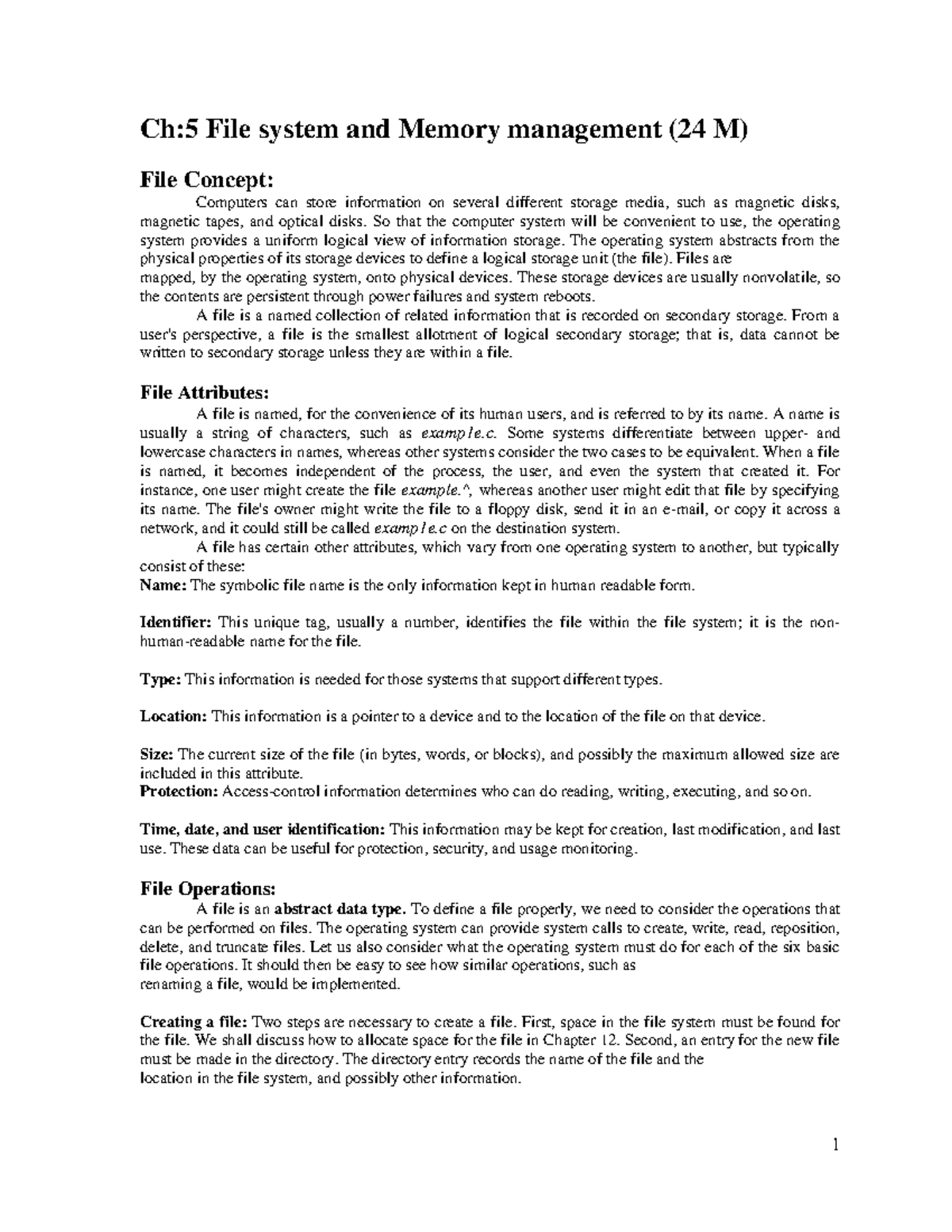 Chapter 5 - Kdkdkdkkj - Ch:5 File system and Memory management (24 M) File Concept: Computers ...