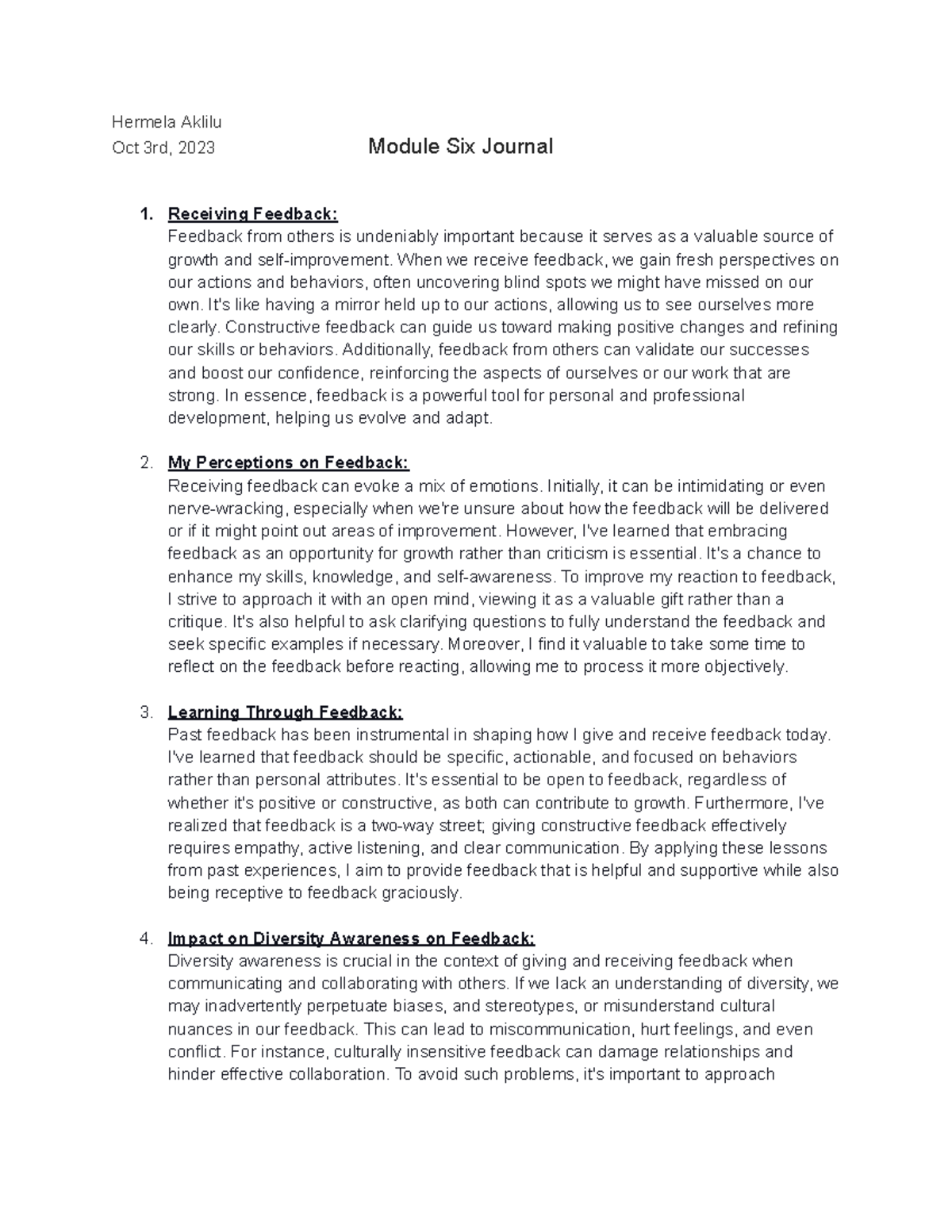 Module Six Journal - Hermela Aklilu - Hermela Aklilu Oct 3rd, 2023 ...