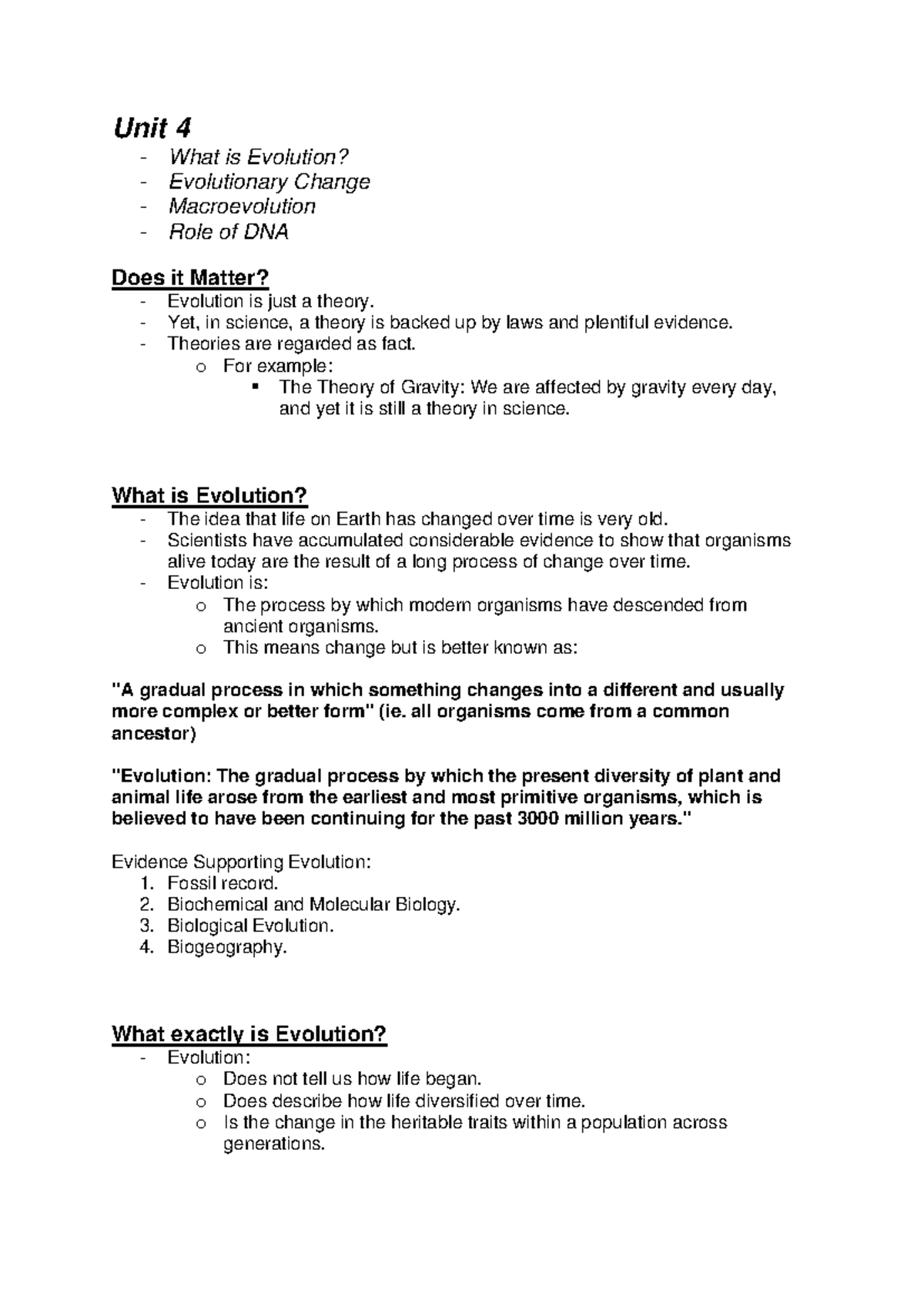 Biology 11 U4 Notes - Unit 4 - What is Evolution? - Evolutionary Change ...