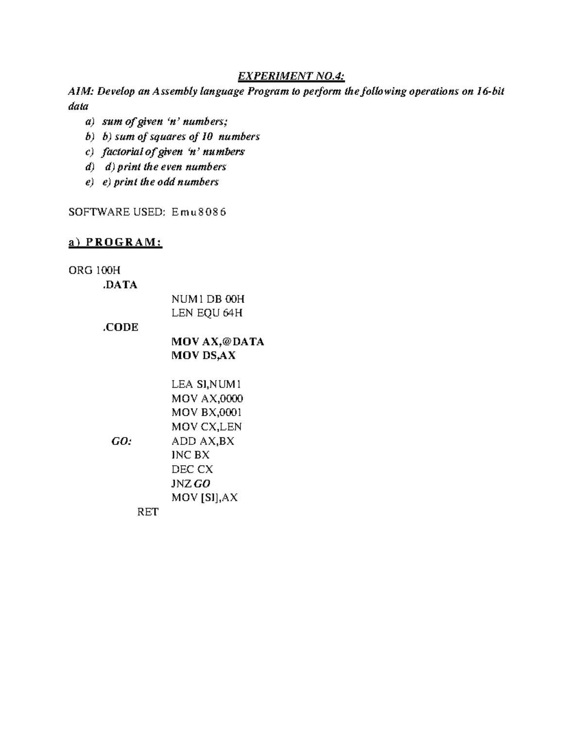 Experiment NO - It is important to do - EXPERIMENT NO: AIM: Develop an Assembly language Program ...