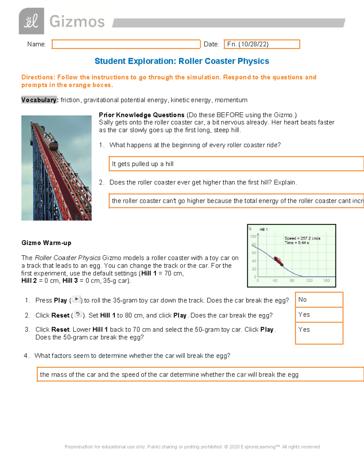 Roller Coaster Gizmo - Yup - Name: Date: Fri. (10/28/22) Student ...