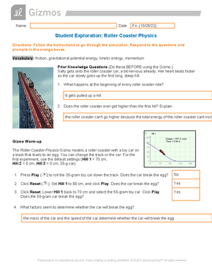 Free Fall Tower Gizmo - Yup - Name: Date: Thurs - 11/10/ Student ...