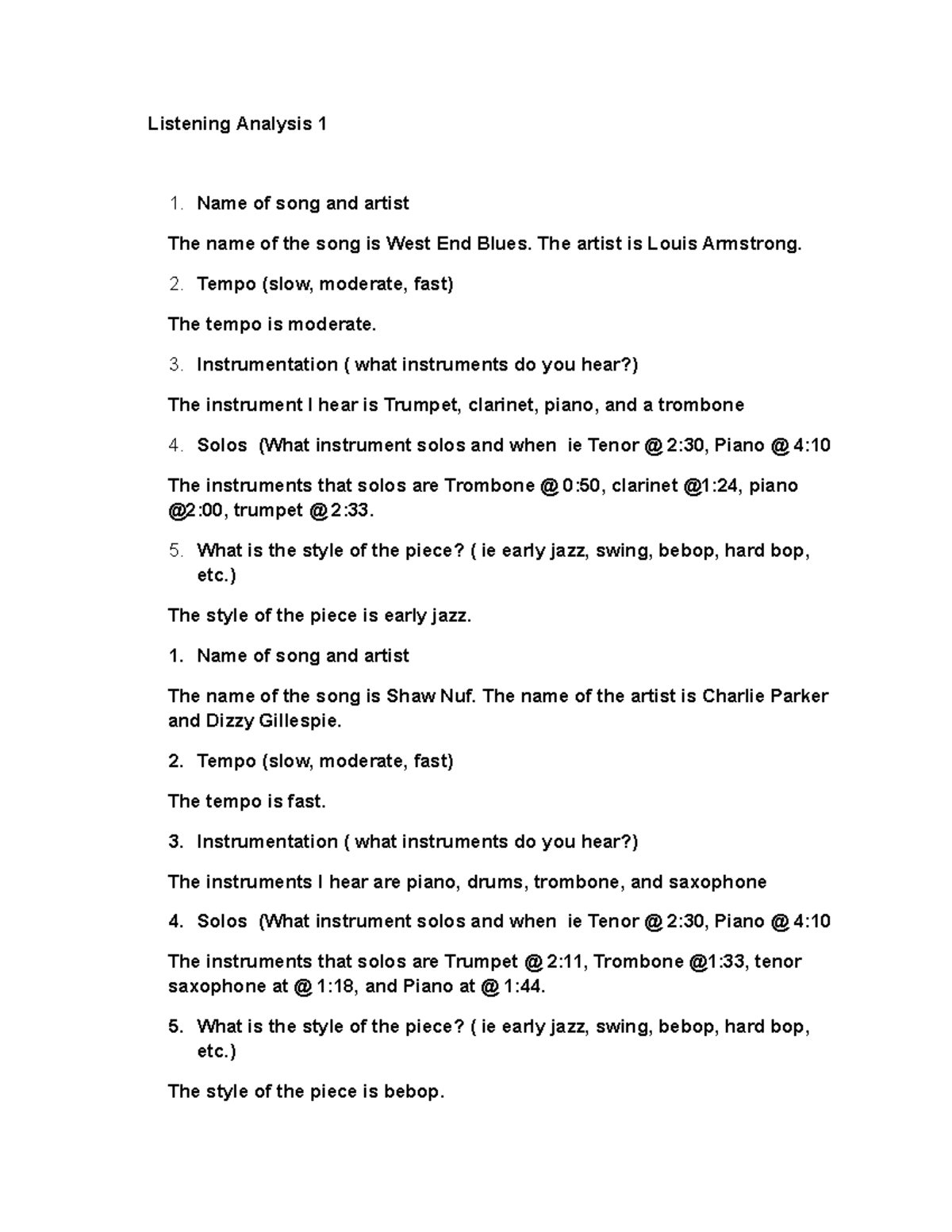 Music 33-Listening Analysis - Listening Analysis 1 Name of song and ...