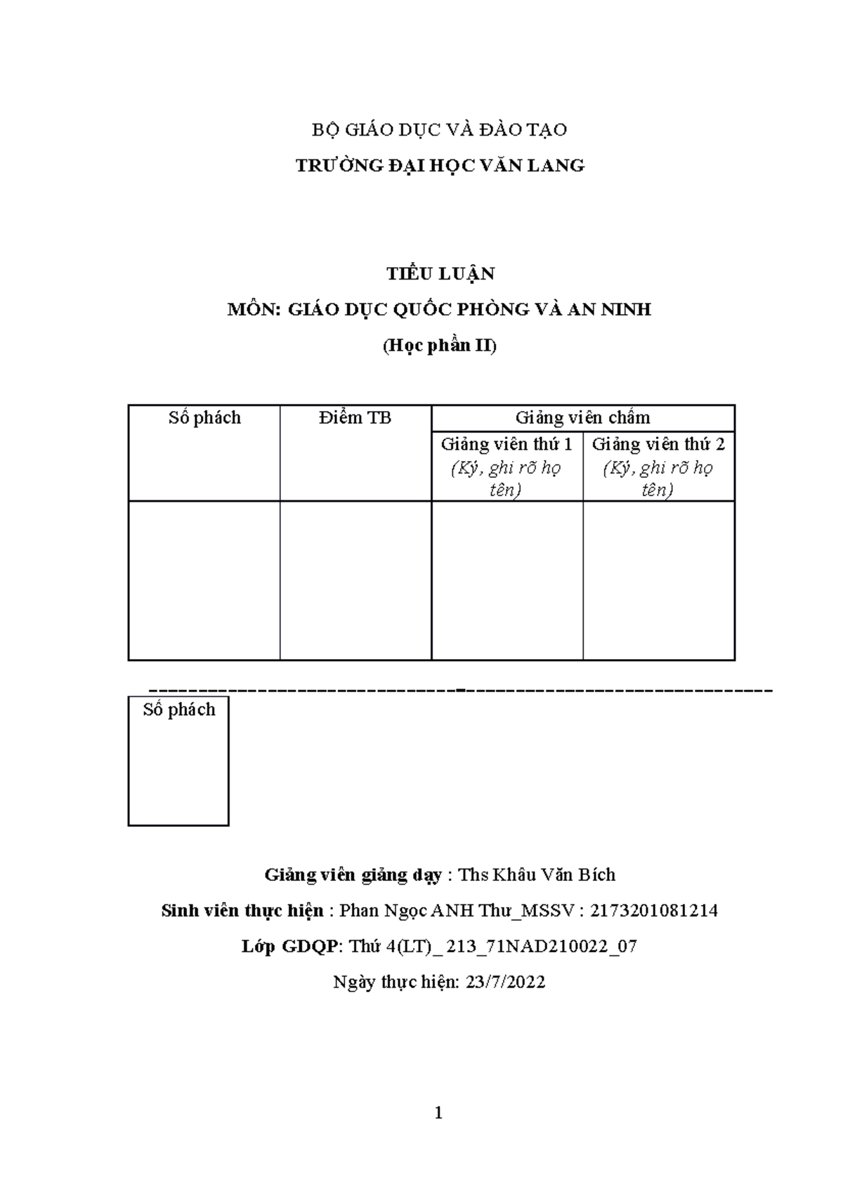 Phan Ngọc Anh Thư 21732010 81214 BỘ GiÁo DỤc VÀ ĐÀo TẠo TrƯỜng ĐẠi HỌc VĂn Lang TiỂu LuẬn