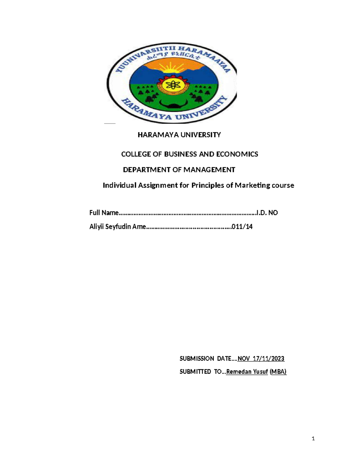 Aliyi Marketing Assignment Haramaya University (1) (1) - HARAMAYA ...