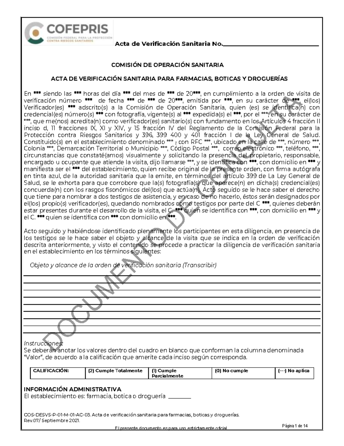 AC-03 Farmacias boticas y droguerias - COS-DESVS-P-01-M-01-AC-03. Acta de verificación sanitaria ...