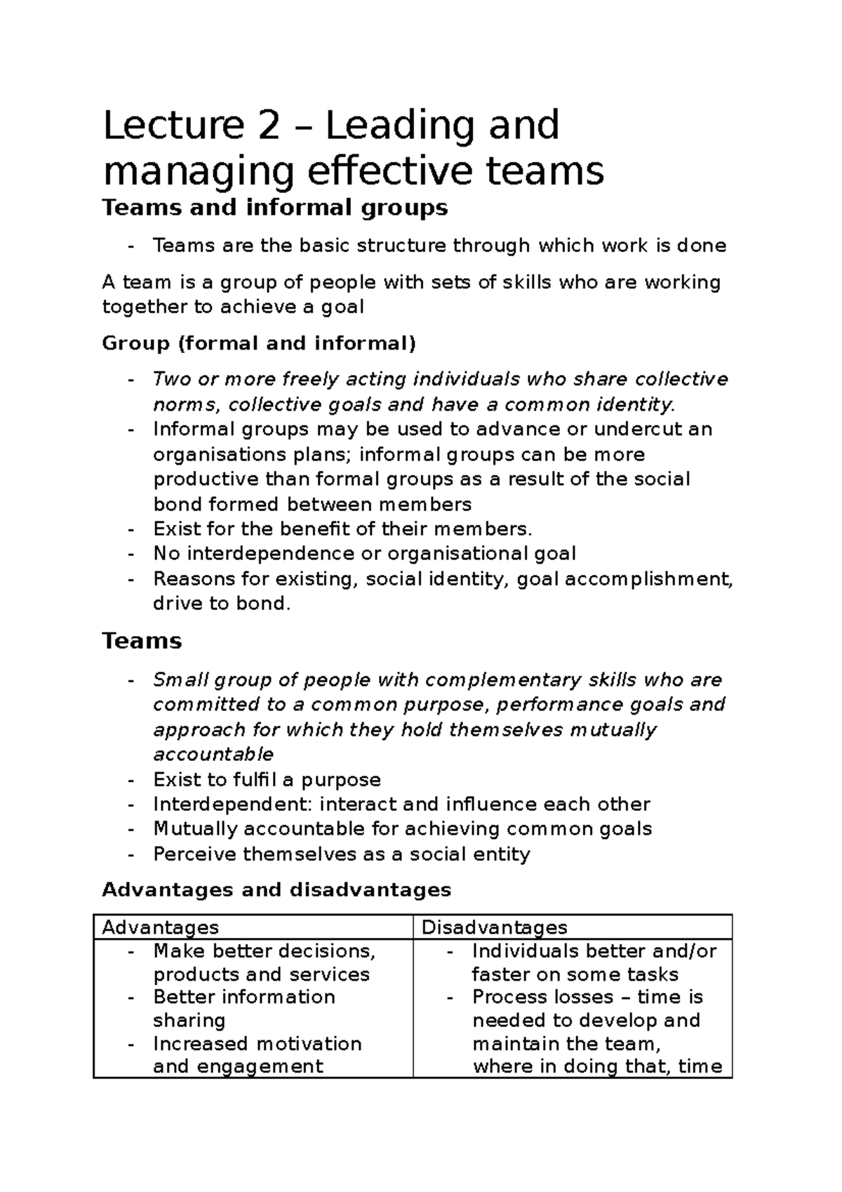 Lecture 2 - Notes - Lecture 2 – Leading and managing effective teams ...