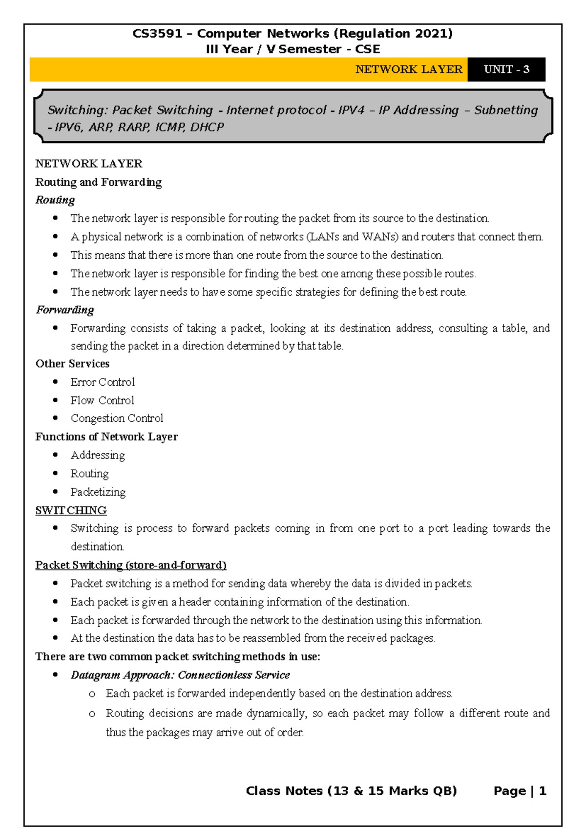 CN Unit - 3 - YT RUJTUJ - III Year / V Semester - CSE NETWORK LAYER ...