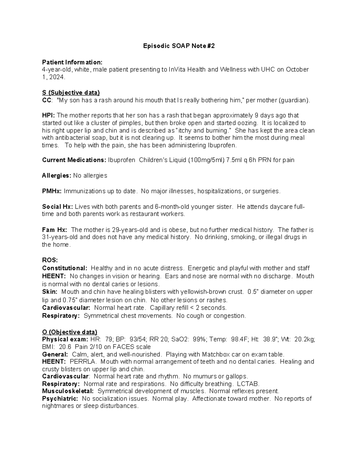 UMB Episodic SOAP Note #2 Upload - Episodic SOAP Note # Patient ...