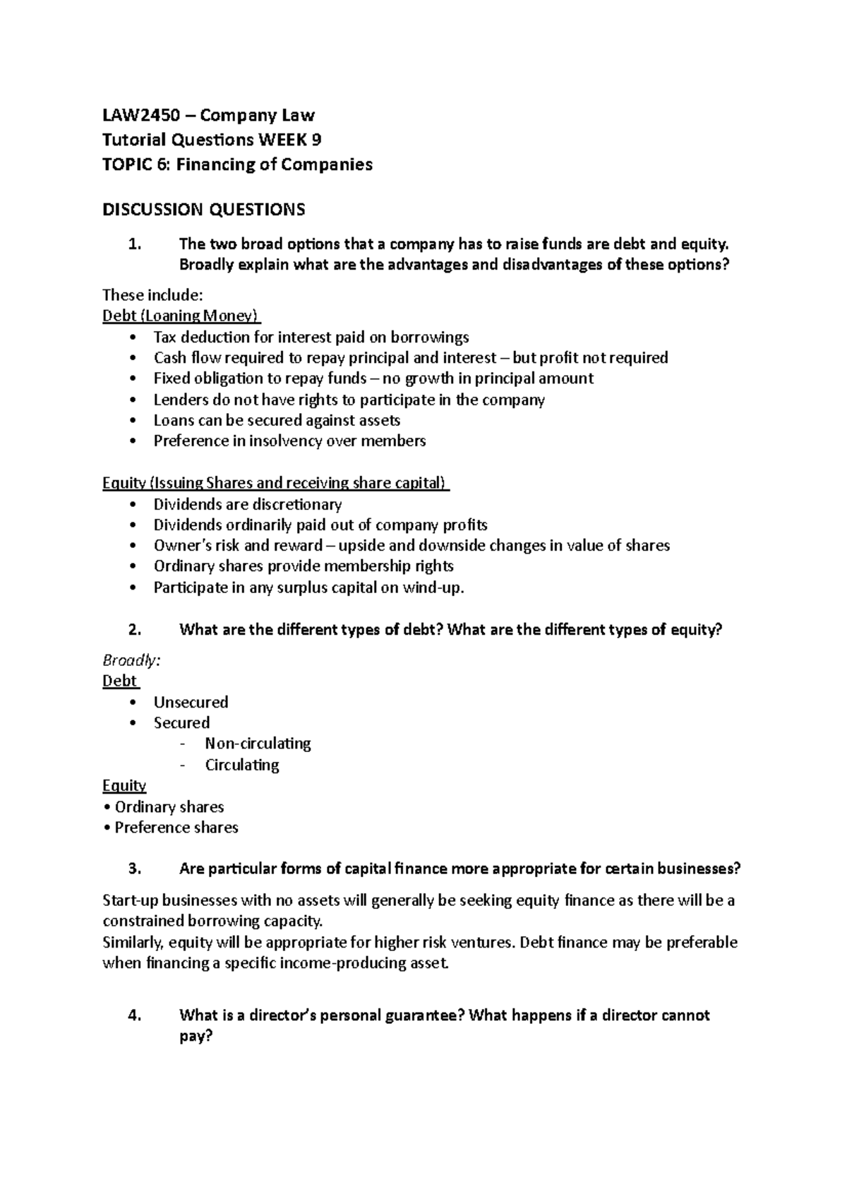 Week 9 - In class Questions - LAW2450 – Company Law Tutorial Questions WEEK 9 TOPIC 6: Financing ...