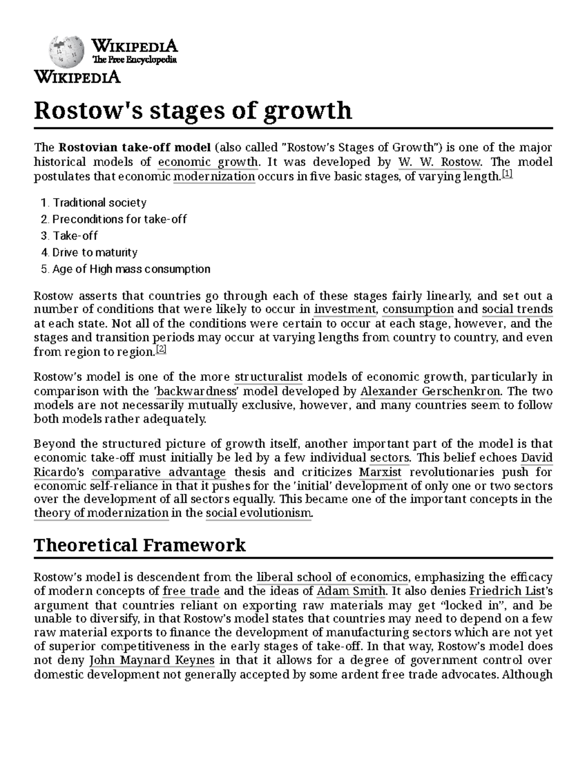 Rostow's stages of growth - It was developed by W. W. Rostow. The model ...