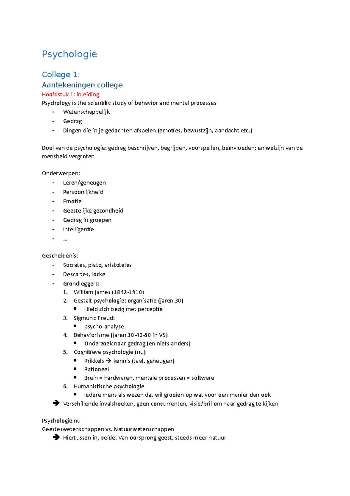 Samenvatting Aantekeningen Psychologie College 1 Aantekeningen