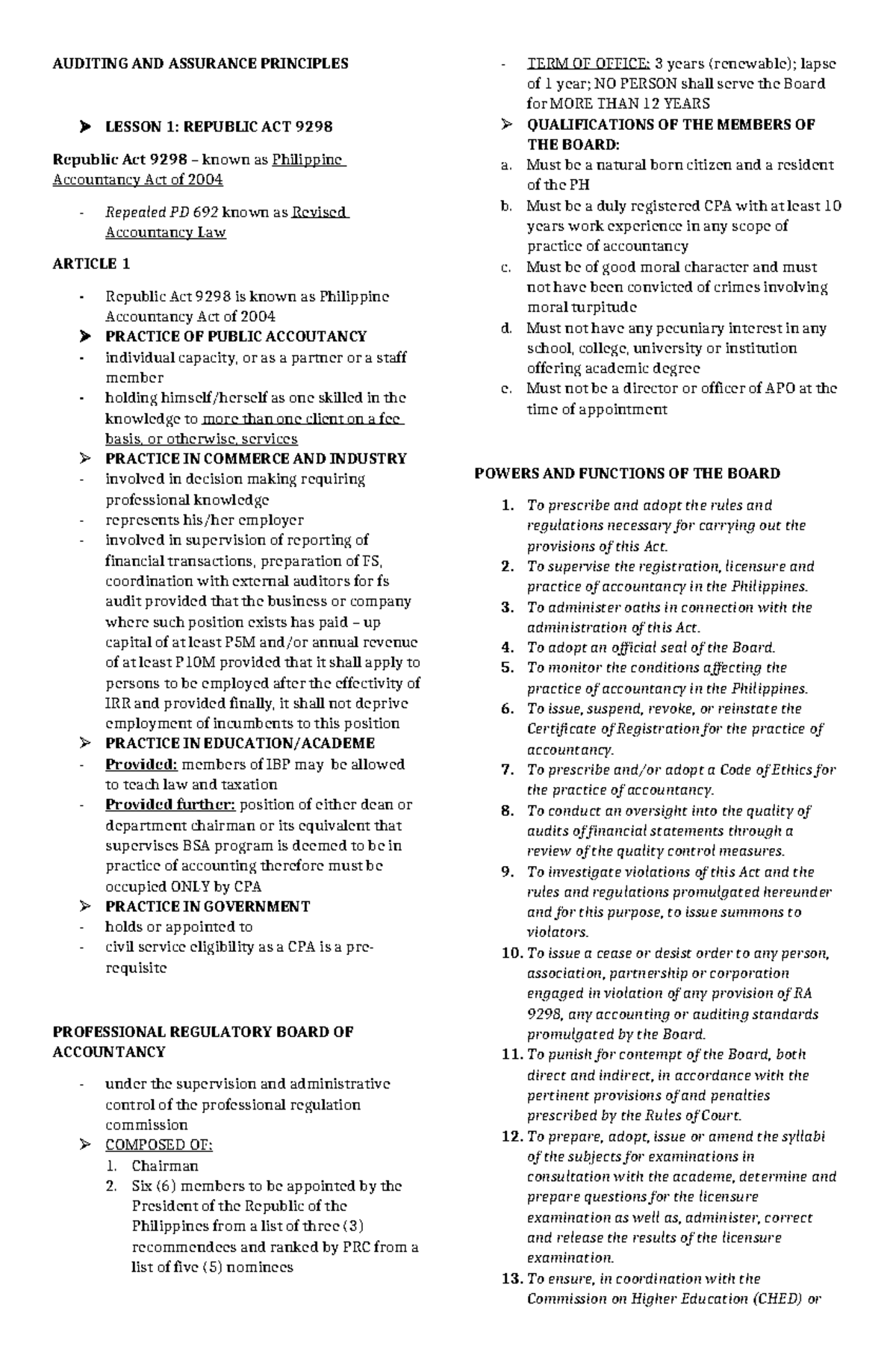 Lesson 1 - RA 9298 Reviewer - AUDITING AND ASSURANCE PRINCIPLES LESSON ...
