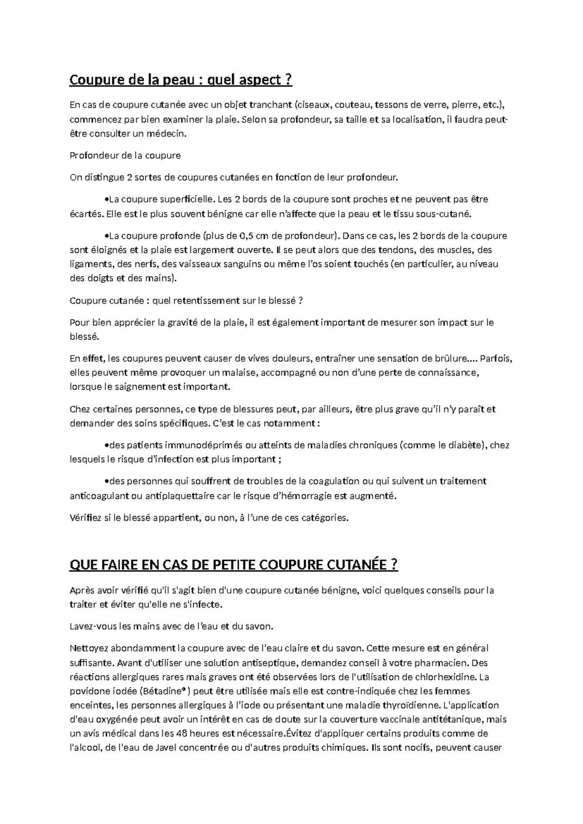 Coupure 2 - Coupure de la peau : quel aspect? En cas de coupure cutanée ...