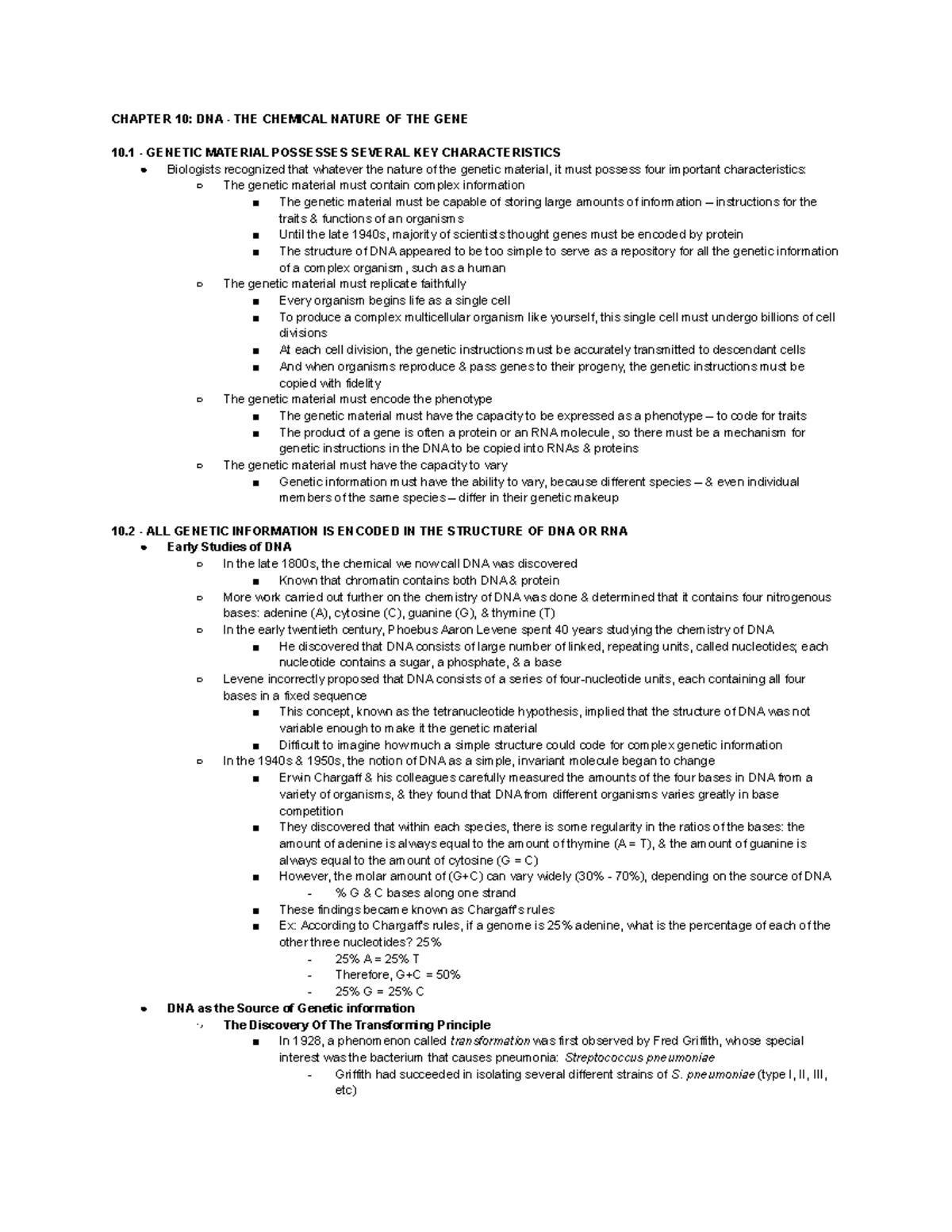 PCB 3063 Chp 10 Notes - CHAPTER 10: DNA - THE CHEMICAL NATURE OF THE ...