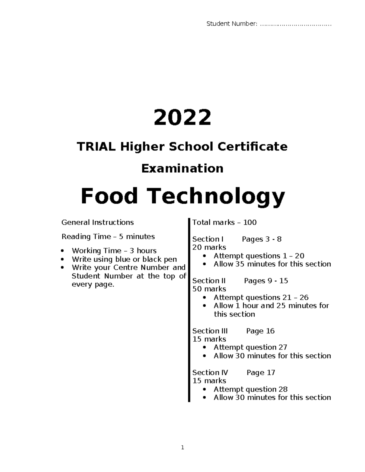 Food Technology HSC Trial Examination 2022 - 2022 TRIAL Higher School ...