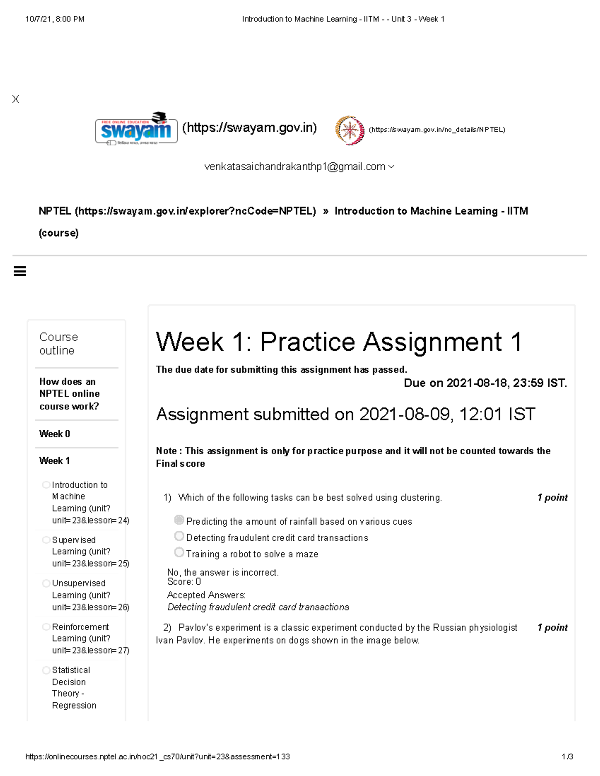 Week 1-P - 10/7/21, 8:00 PM Introduction to Machine Learning - IITM - Unit 3 - Week 1 - Studocu