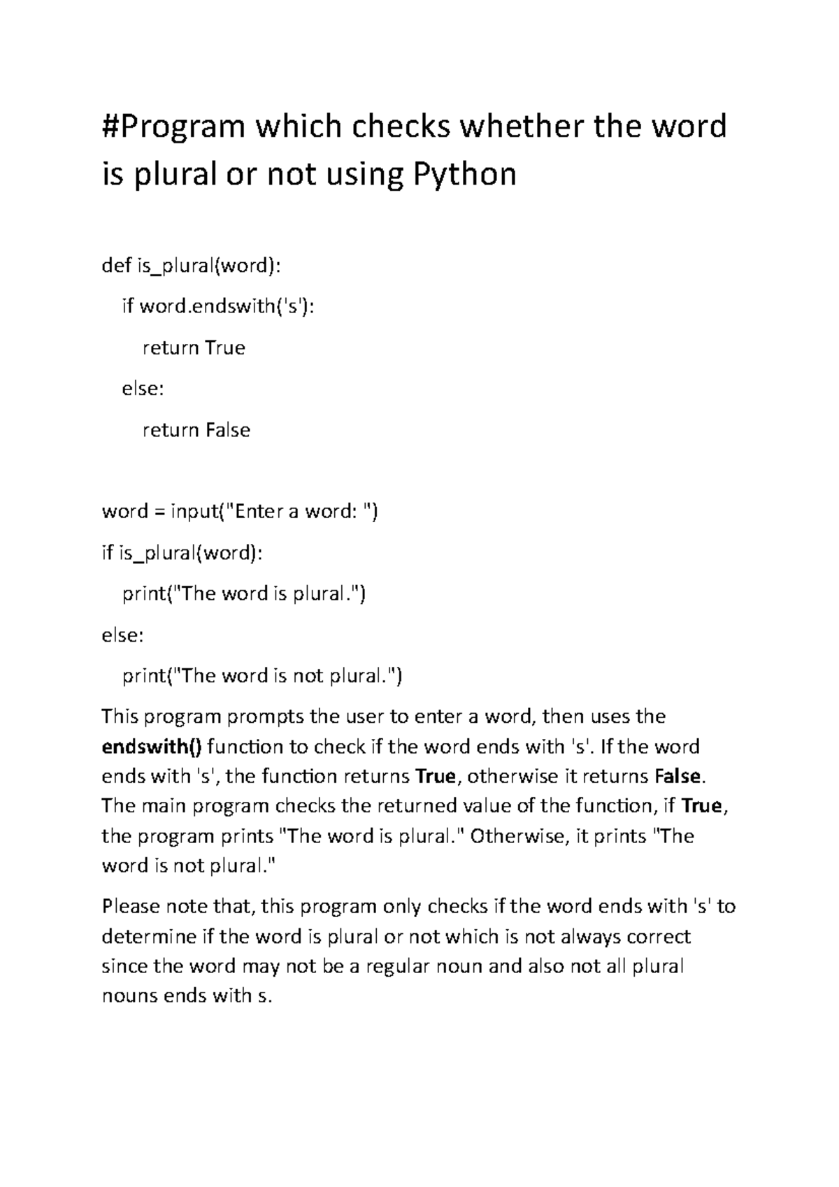 Word is plural or not using- Python - #Program which checks whether the ...