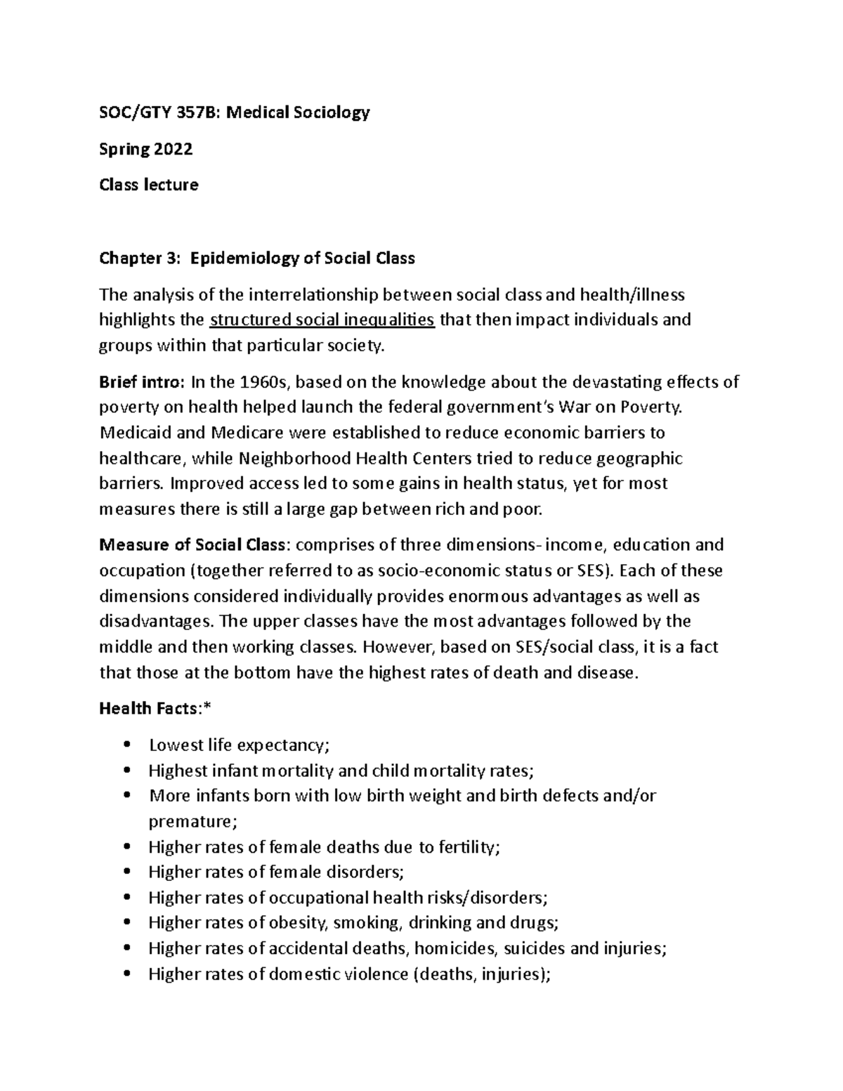 SOC 357 Chapter 3 Social Class Lecture - SOC/GTY 357B: Medical ...