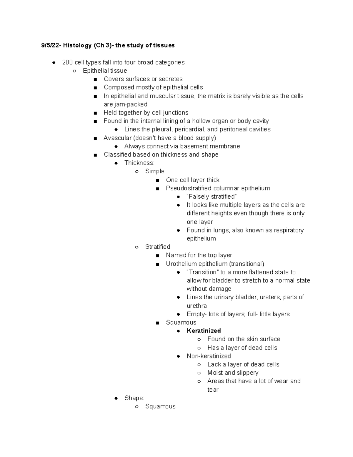 Histology (Ch 3) - 9/5/22- Histology (Ch 3)- the study of tissues 200 ...