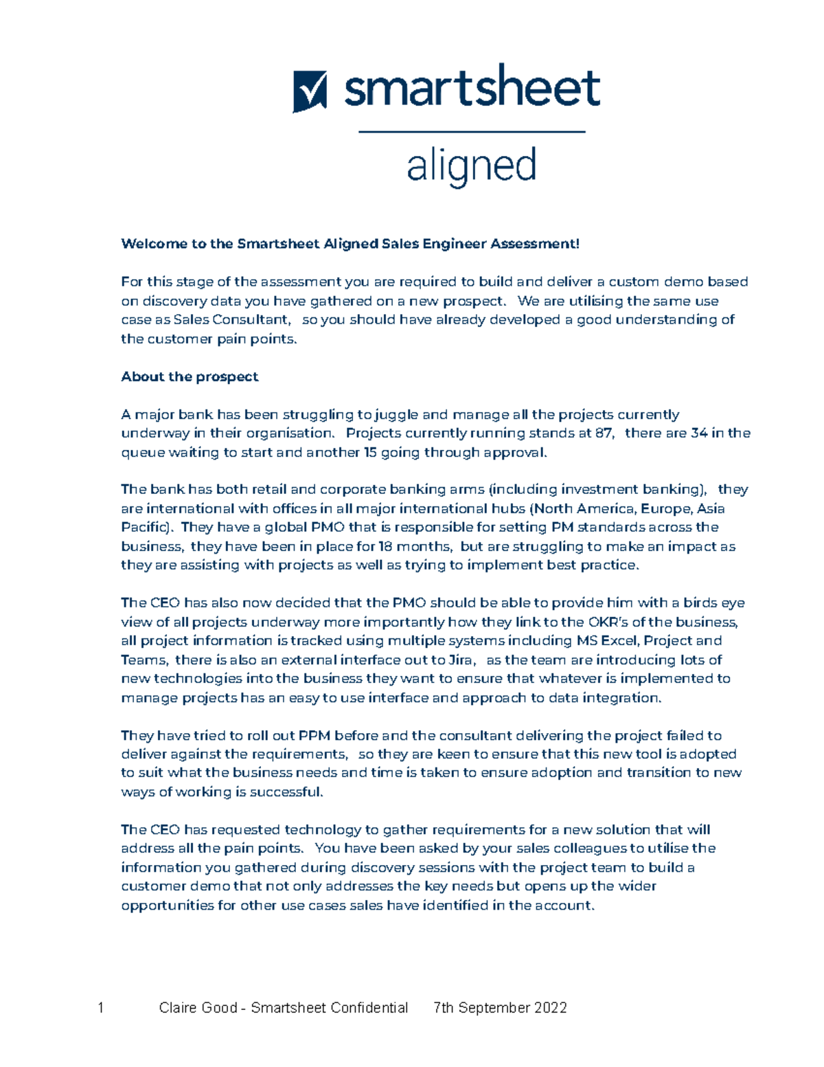 Smartsheet Aligned Sales Engineer - Sales Challenge Instructions - Welcome to the Smartsheet ...