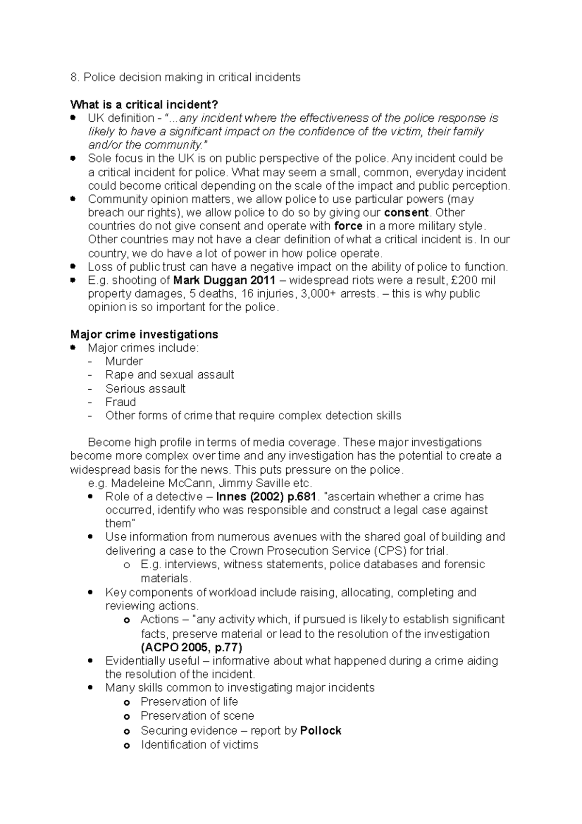 8. Critical Incidents - Lecture notes 8 - Police decision making in ...