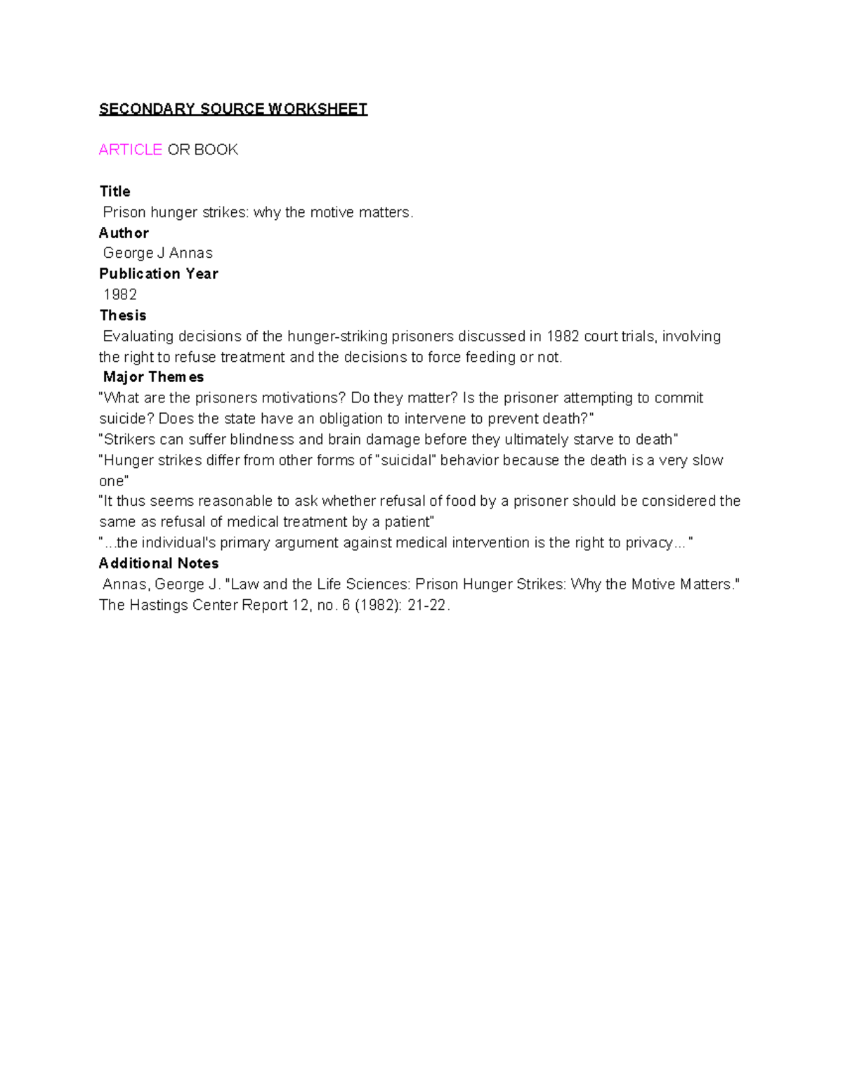 Secondary Source Assignment - SECONDARY SOURCE WORKSHEET ARTICLE OR ...