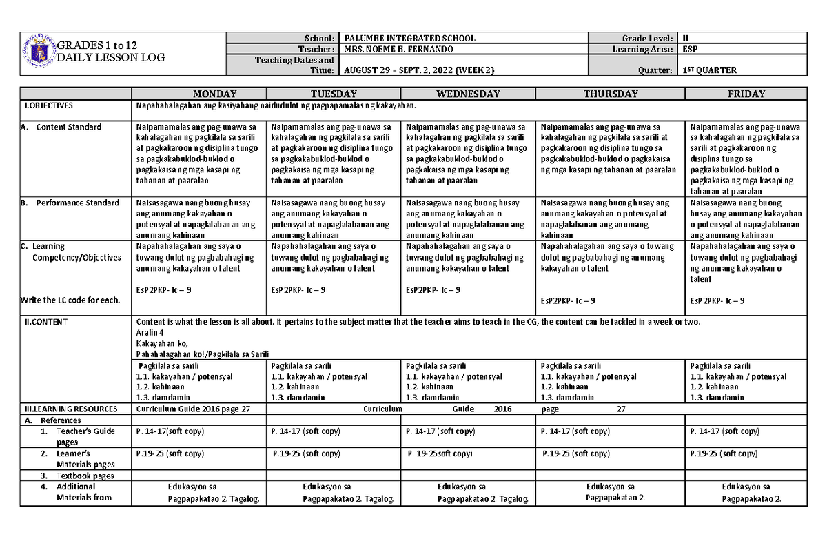 DLL ESP 2 Q1 W2 - jsjz - GRADES 1 to 12 DAILY LESSON LOG School: PALUMBE INTEGRATED SCHOOL Grade ...