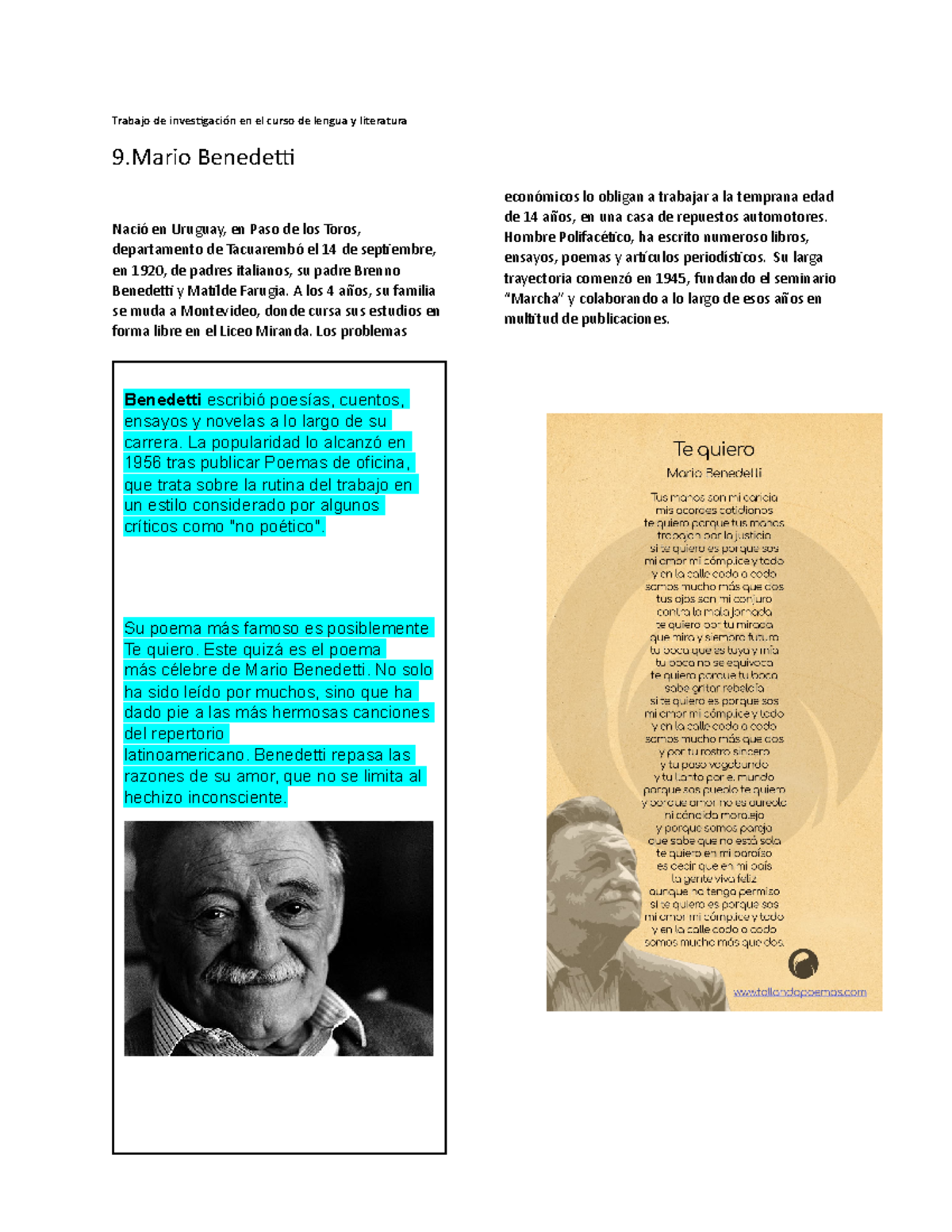Biografia de Mario Benedetti - Trabajo de inves琀椀gación en el curso de ...