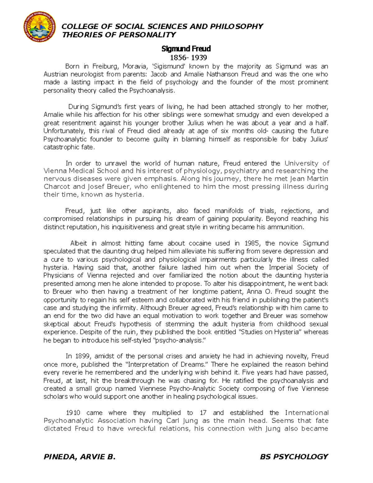 Sigmund Freud - theories of personality - COLLEGE OF SOCIAL SCIENCES ...