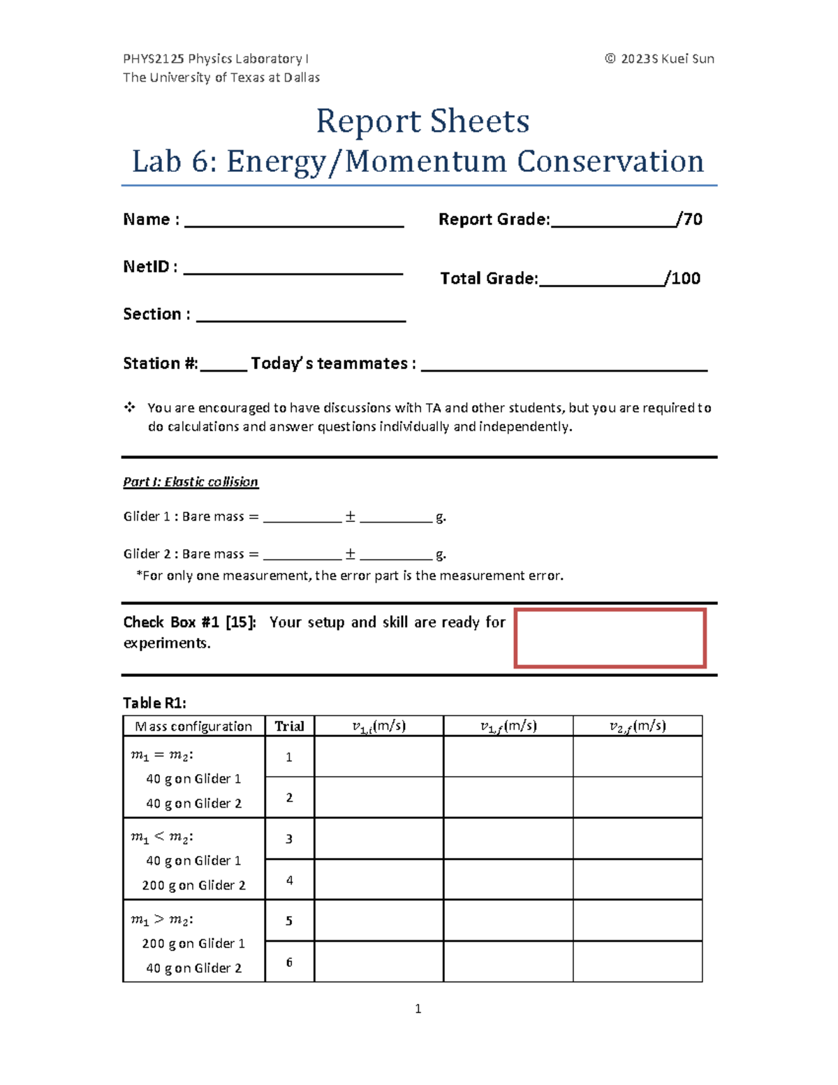Lab06 Report - The University of Texas at Dallas Report Sheets Lab 6: Energy/Momentum ...