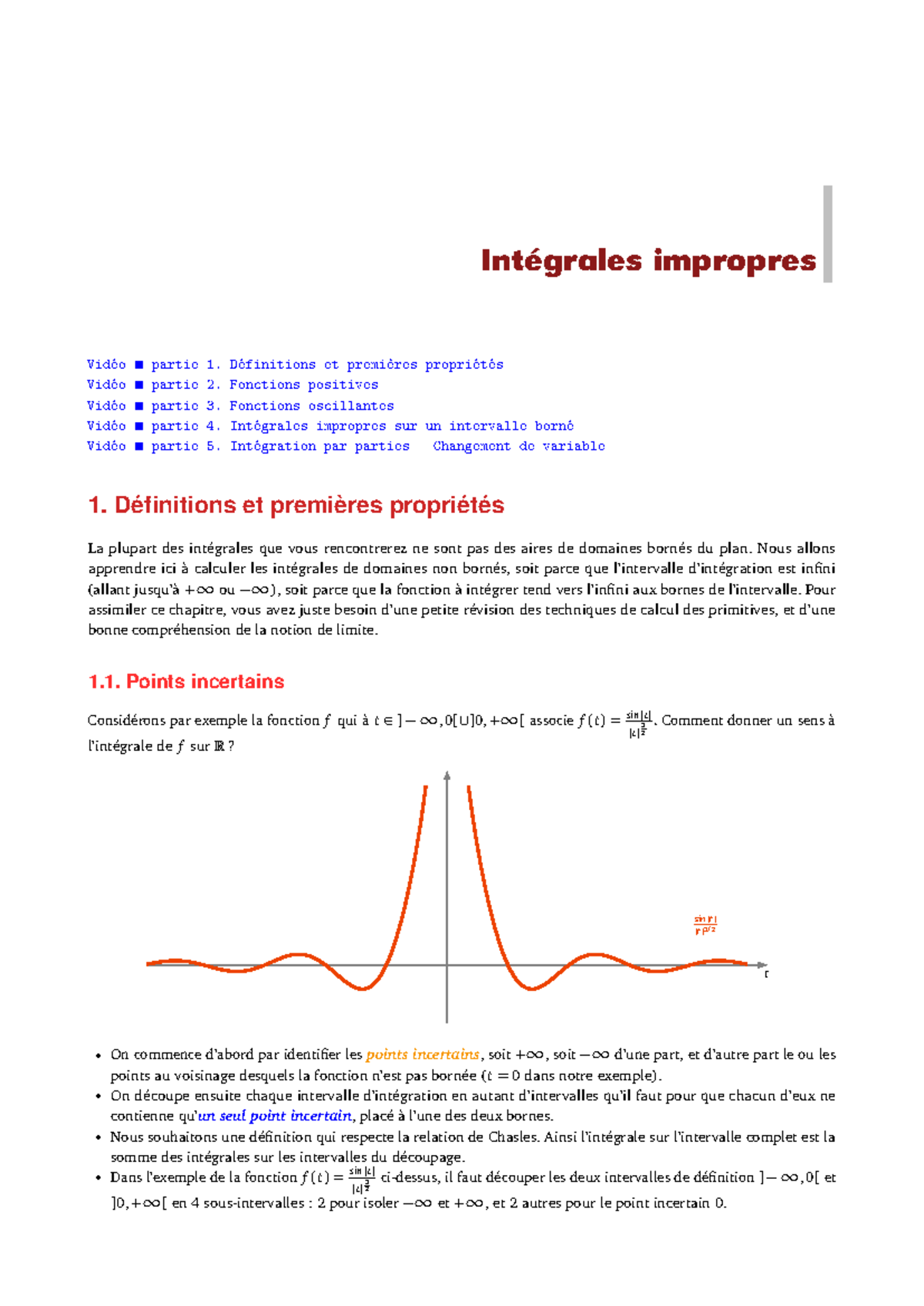 Intégrales g - cours - Intégrales impropres Vidéo Ñ partie 1. Définitions et premières ...