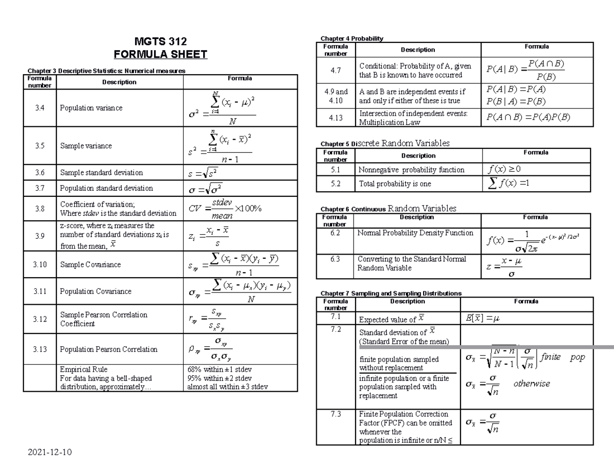 Formula Sheets (5) - MGTS 312 FORMULA SHEET Chapter 3 Descriptive ...