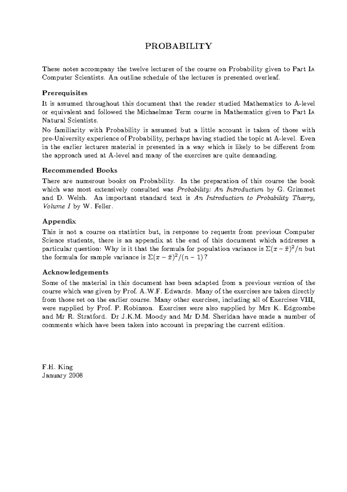 0 — Probability - PROBABILITY These notes accompany the twelve lectures ...