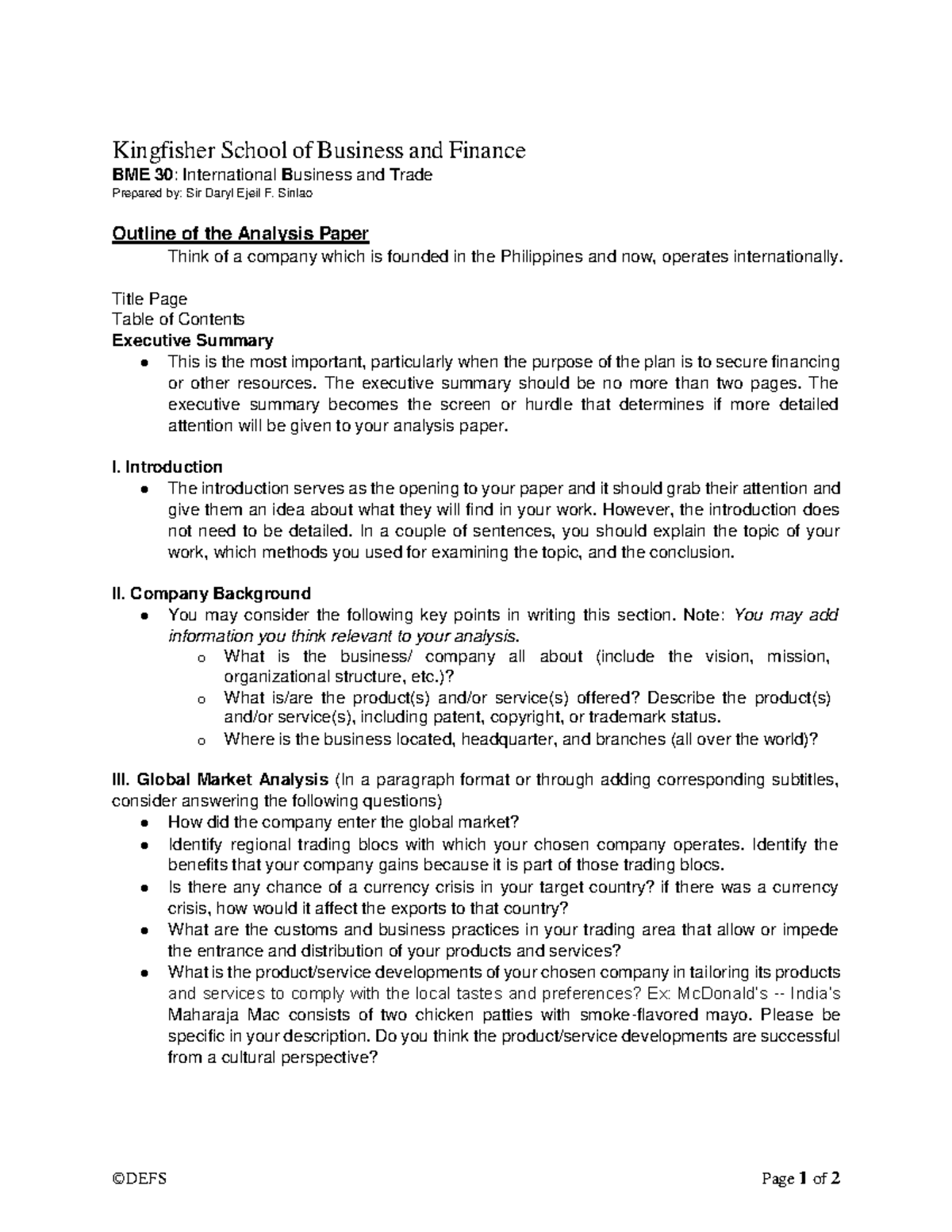 Analysis Paper Format in BME 30 v - ©DEFS Page 1 of 2 Kingfisher School ...