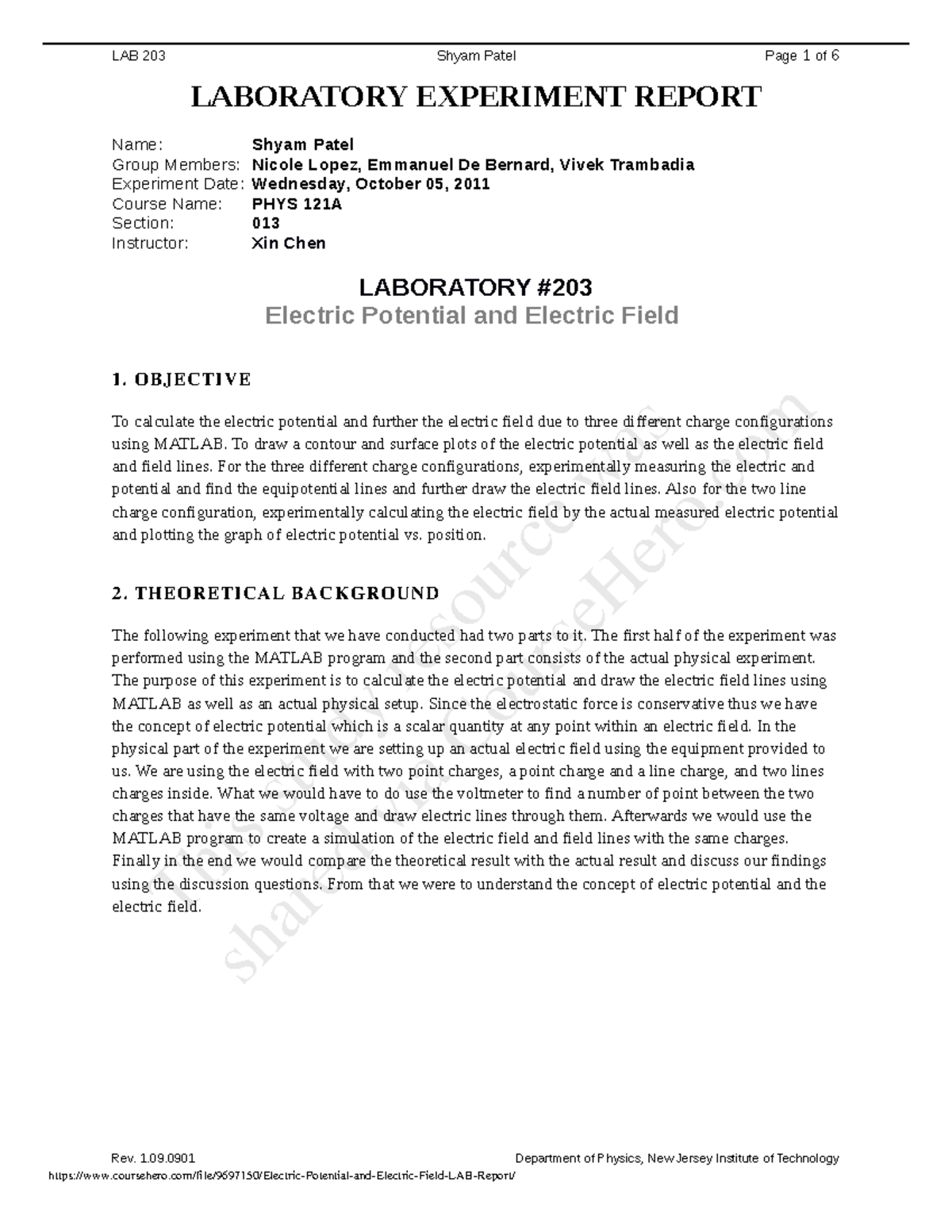 PHYS LAB 203 Report - phys - LABORATORY EXPERIMENT REPORT Name: Shyam ...