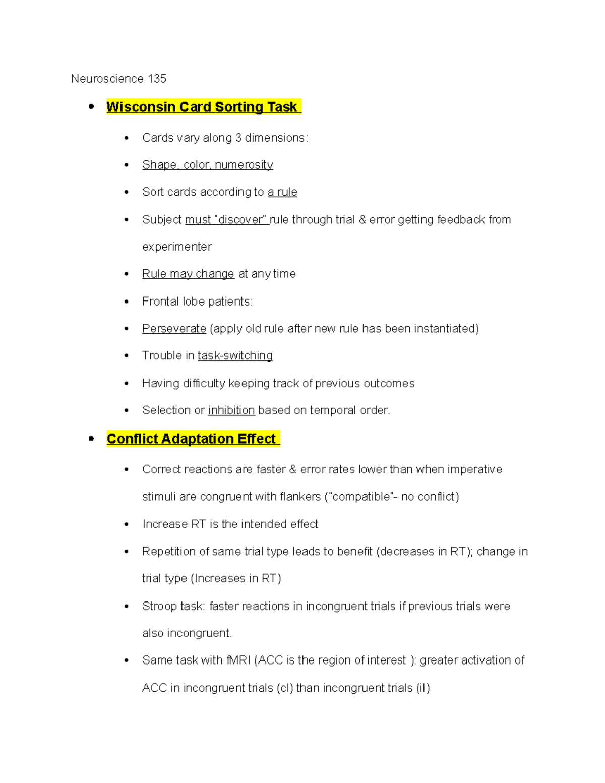 Psc 135 day 22 - conflict adaptation - Neuroscience 135 Wisconsin Card ...