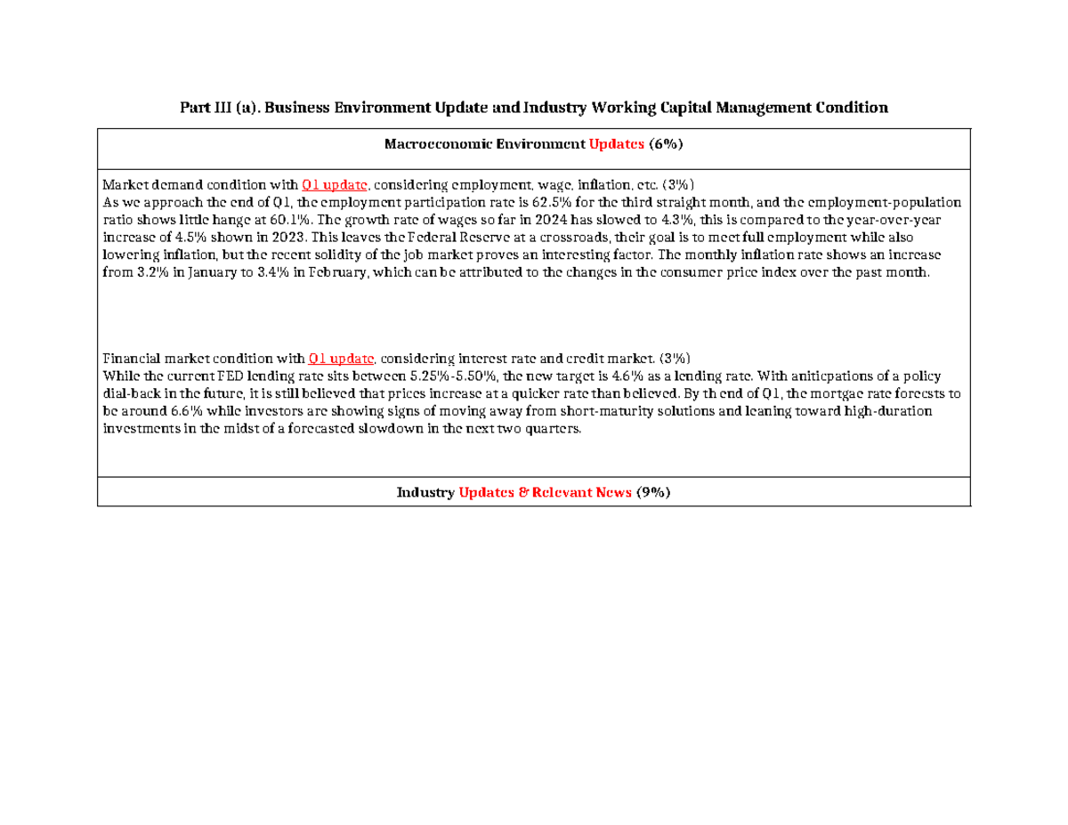 ACCT 375 Part 3 Project - Part III (a). Business Environment Update and ...