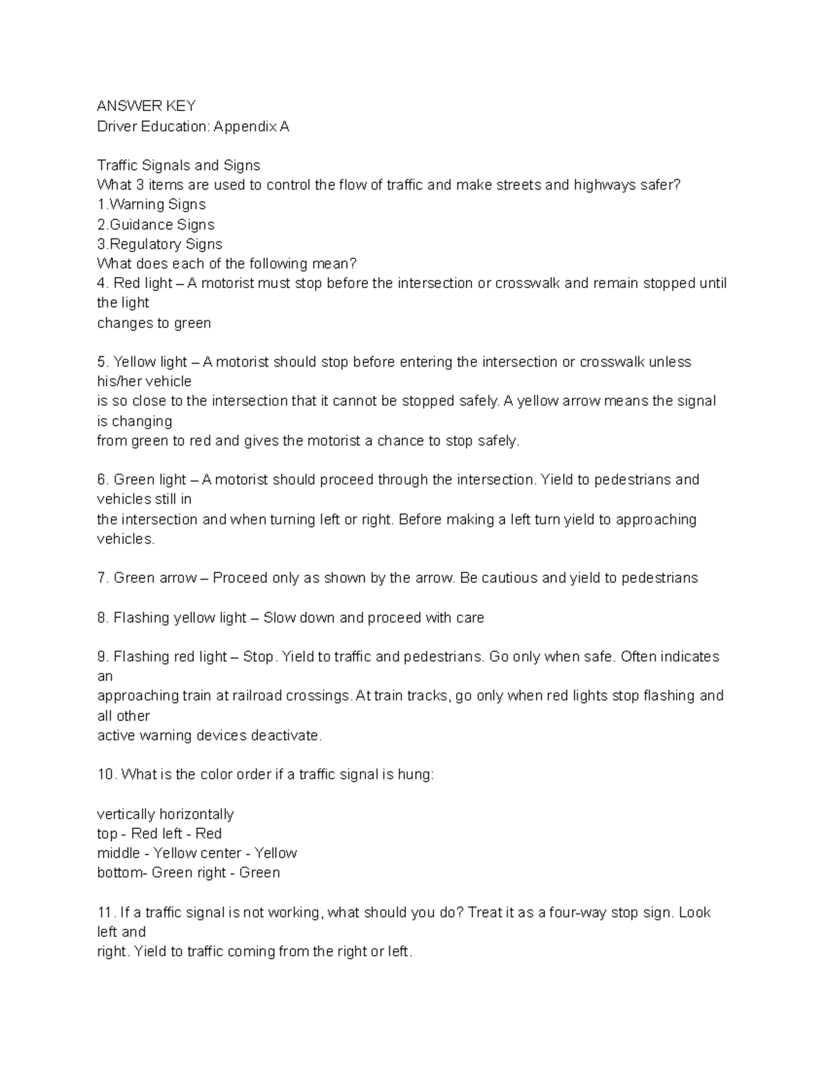 Untitled document - Study guide for drivers education - ANSWER KEY ...