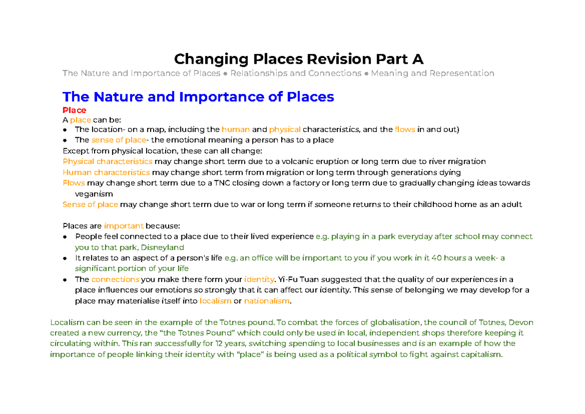 A Level Geography: Changing Places Revision Document - Changing Places ...