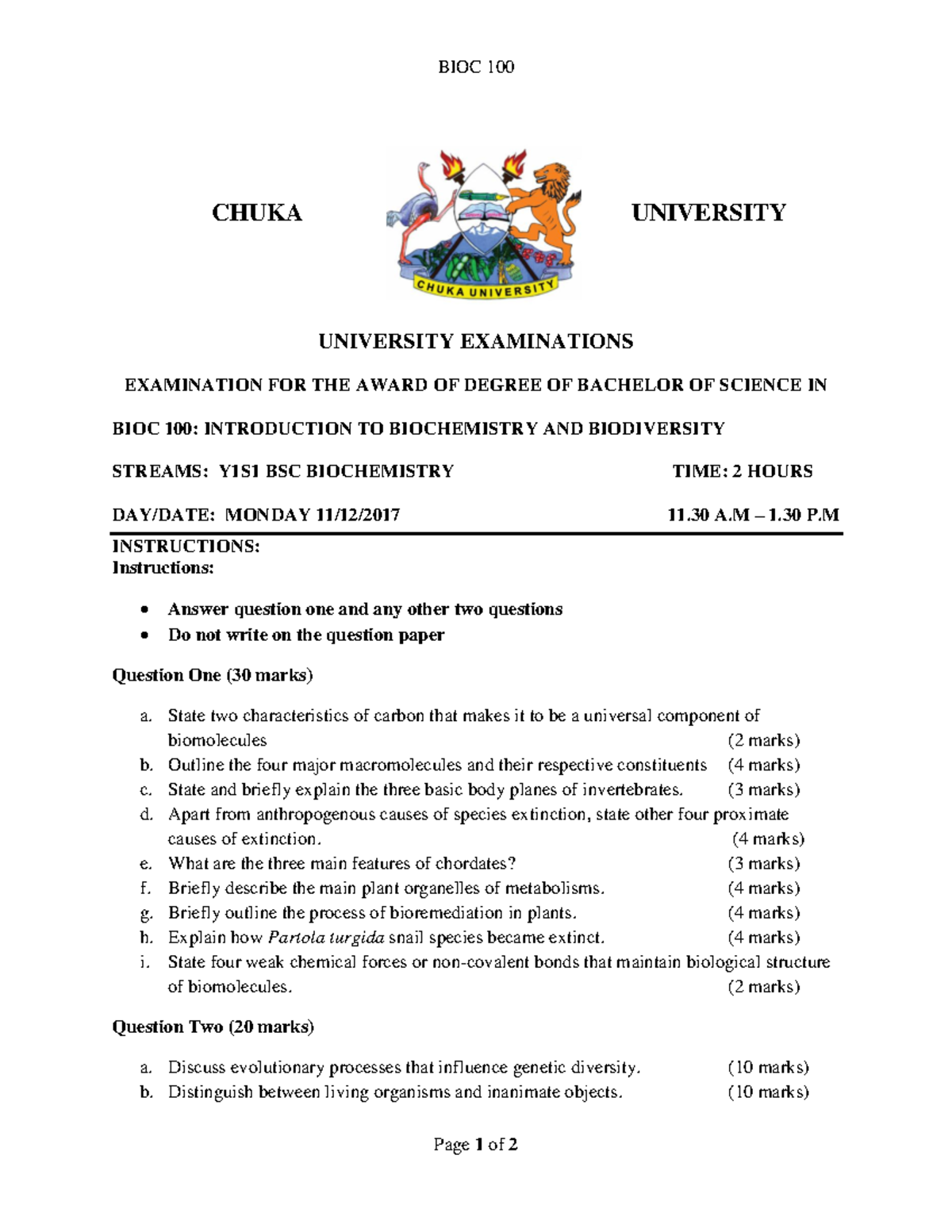 Biochemistry 100 - BIOC 100 Page 1 of 2 CHUKA UNIVERSITY UNIVERSITY ...