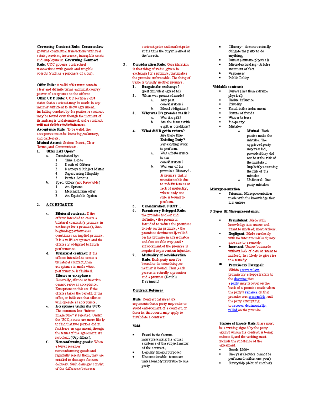 Contracts-Cheat Sheet Final - Governing Contract Rule: Common law ...