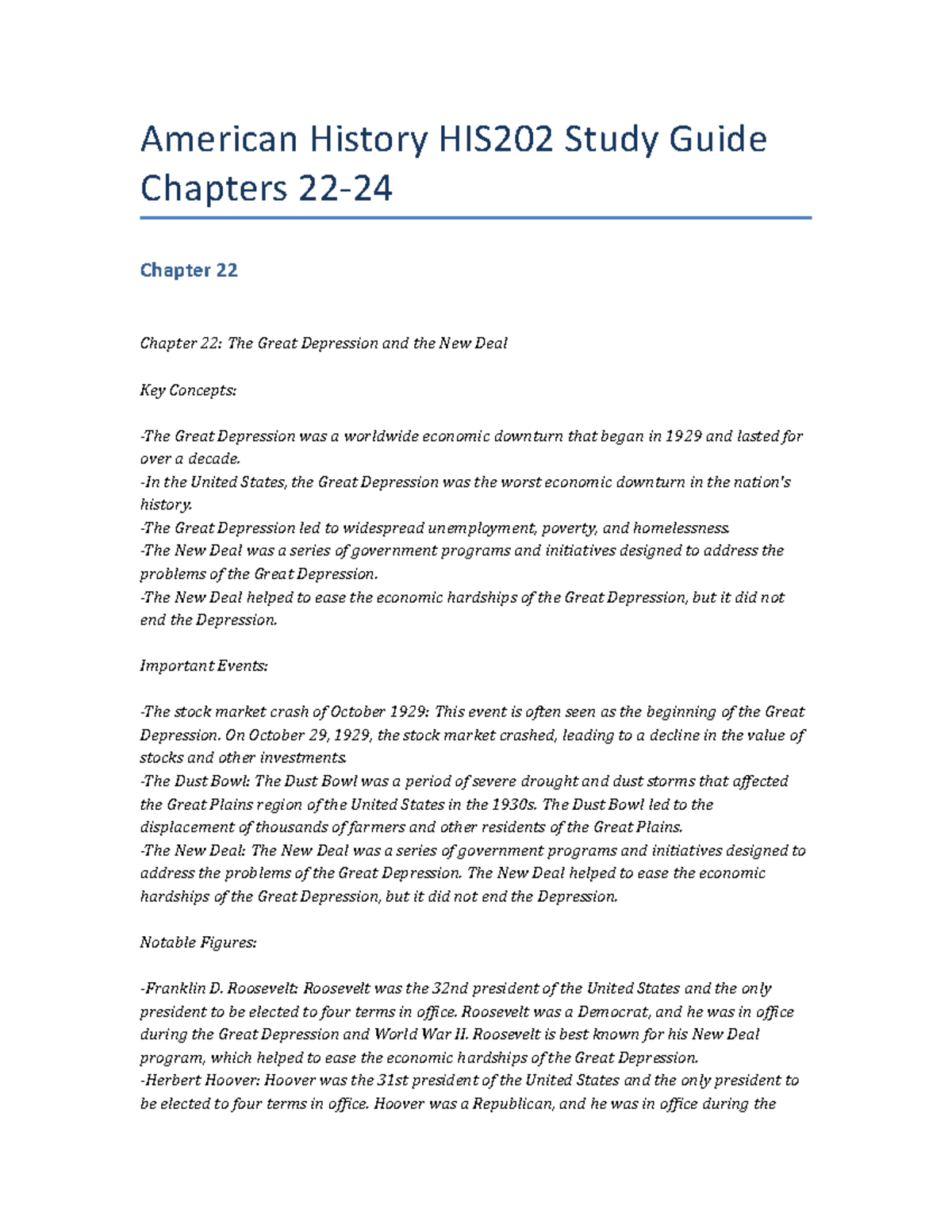 American History HIS202 Study Guide Chapters 22-24 - American History ...