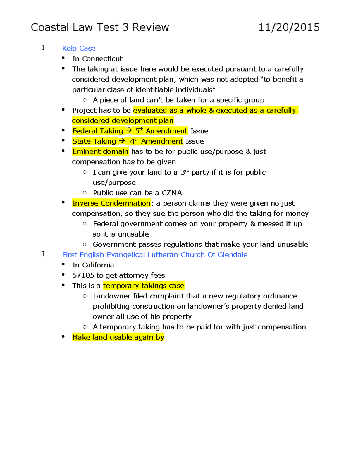 Coastal Law Test 3 Review - Coastal Law Test 3 Review Kelo Case In ...