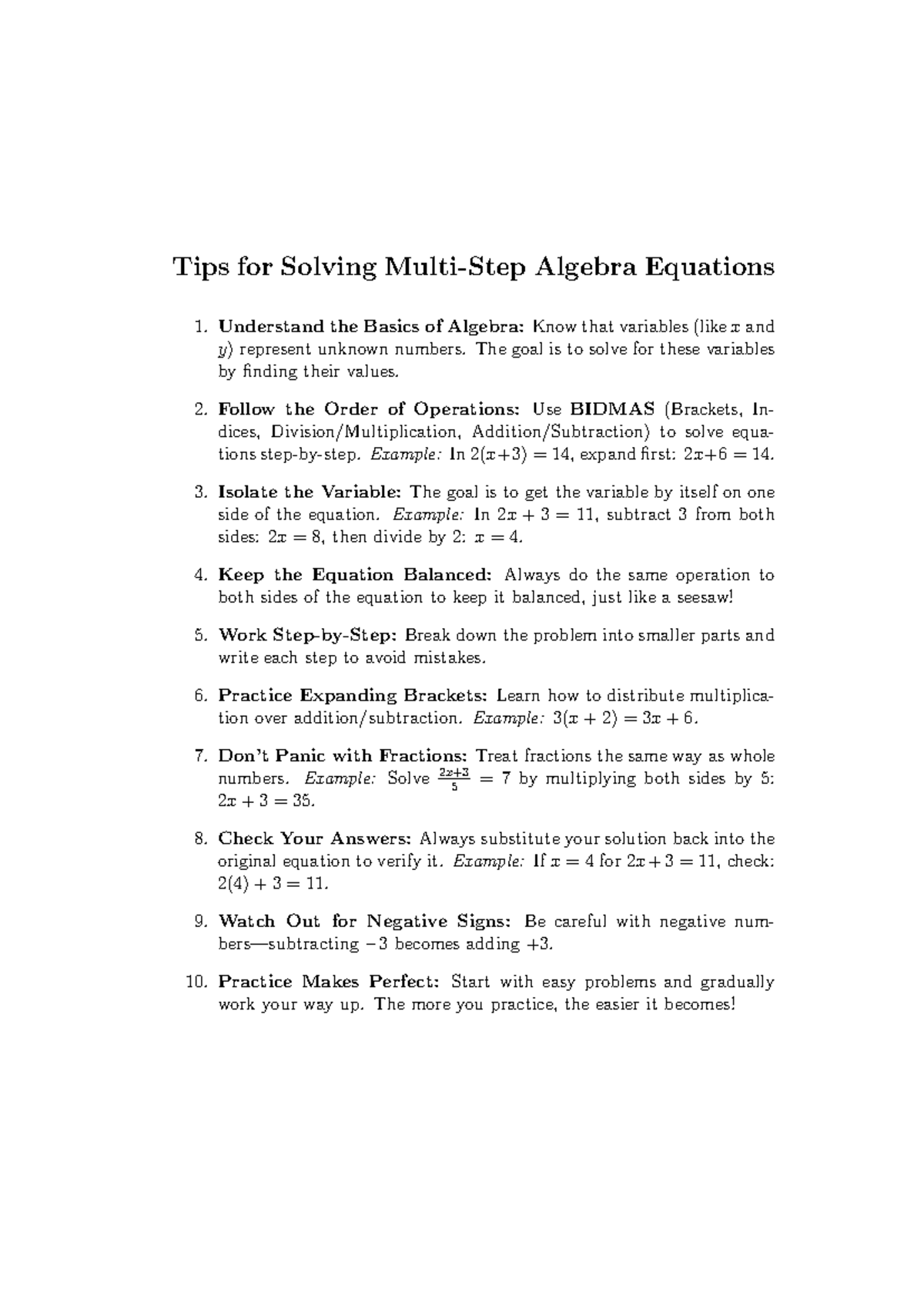 Multistep linear equations - Tips for Solving Multi-Step Algebra ...