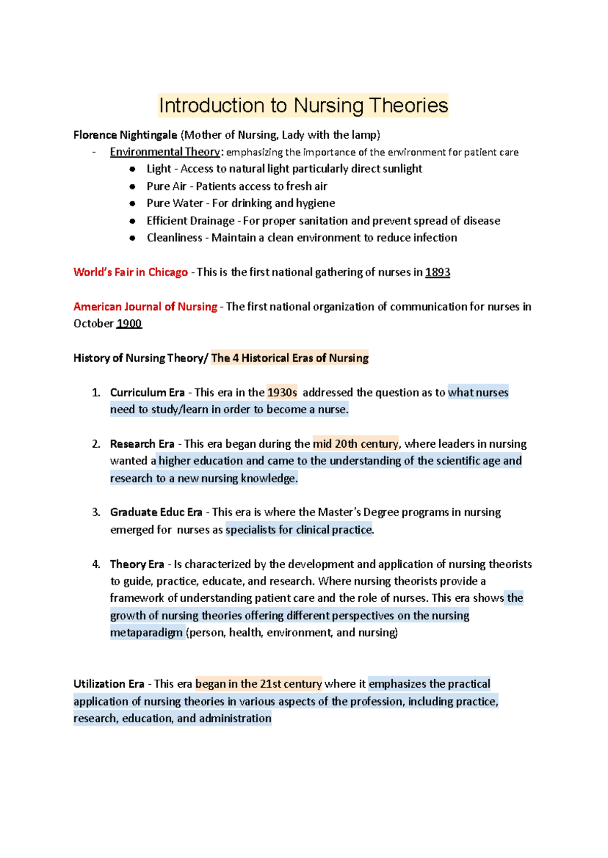 TFN notes - Introduction to Nursing Theories Florence Nightingale ...