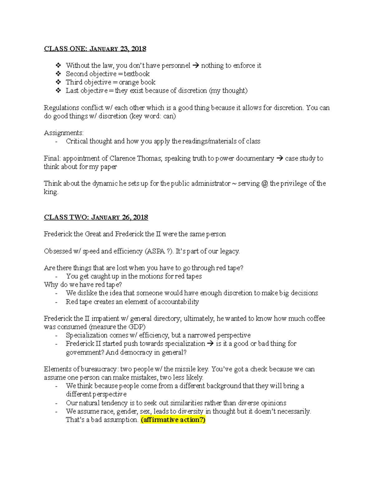 Class - Public Personnel - CLASS ONE: JANUARY 23, 2018 Without the law ...